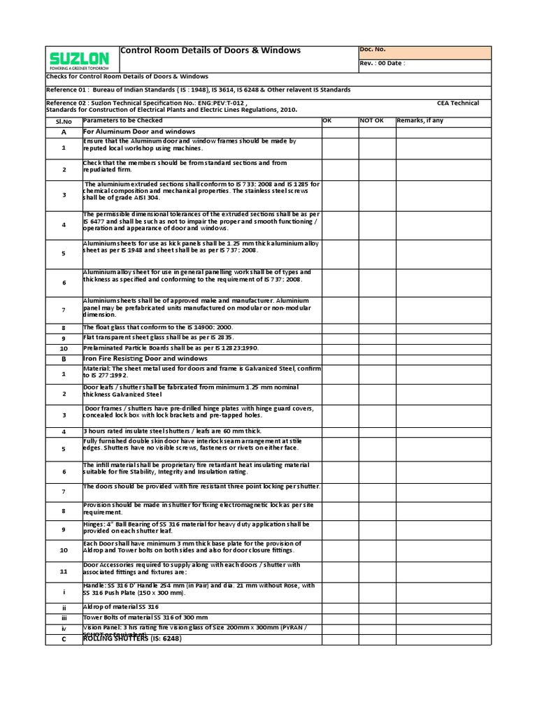 Checklist For Control Room Doors & Windows | PDF | Door | Sheet Metal