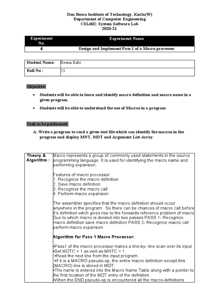 Design And Implementation Of A Macro Processor Pass 1 Recognizing Macro Definitions And