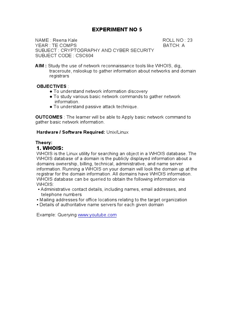 Experiment No 5: AIM: Study The Use of Network Reconnaissance Tools ...