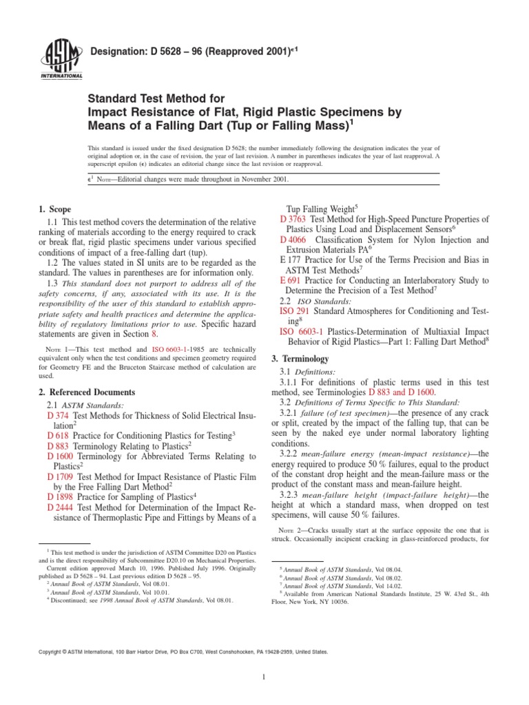 ASTM D 5628-96 (2001) Impact Resistance of Flat, Rigid Plastic ...