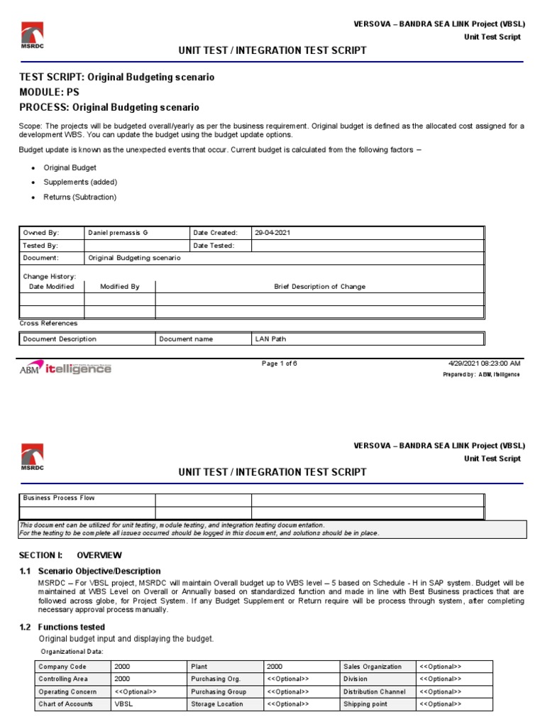 Unit Test / Integration Test Script TEST SCRIPT: Original Budgeting ...