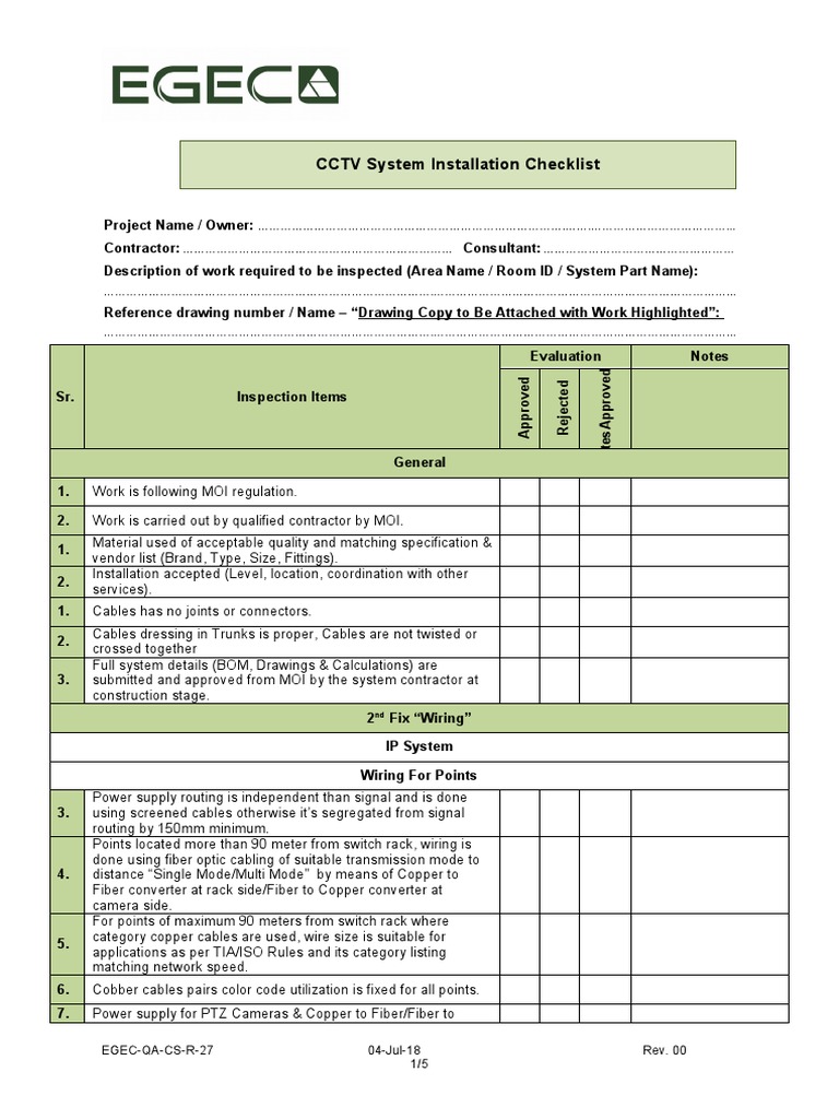 CCTV System Installation Checklist | PDF | Electrical Wiring | Optical ...