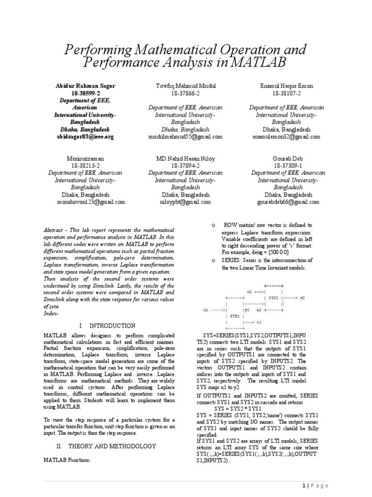 Performing Mathematical Operation and Performance Analysis in MATLAB | PDF | Laplace Transform ...