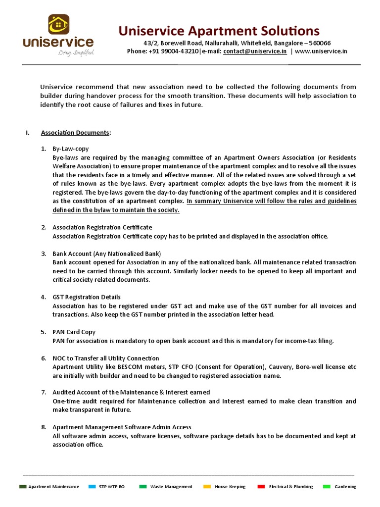 Builder Handover Checklist | PDF | By Law | Apartment