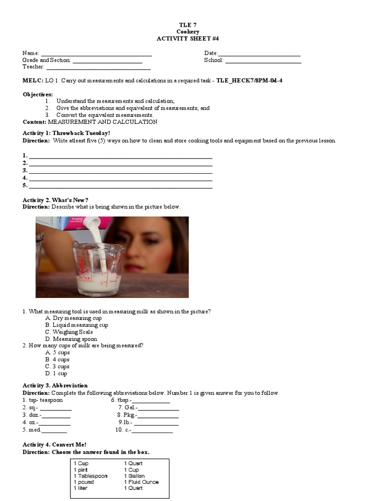 Activity Worksheet No.4 Tle 7 | PDF | Pint | Teaspoon