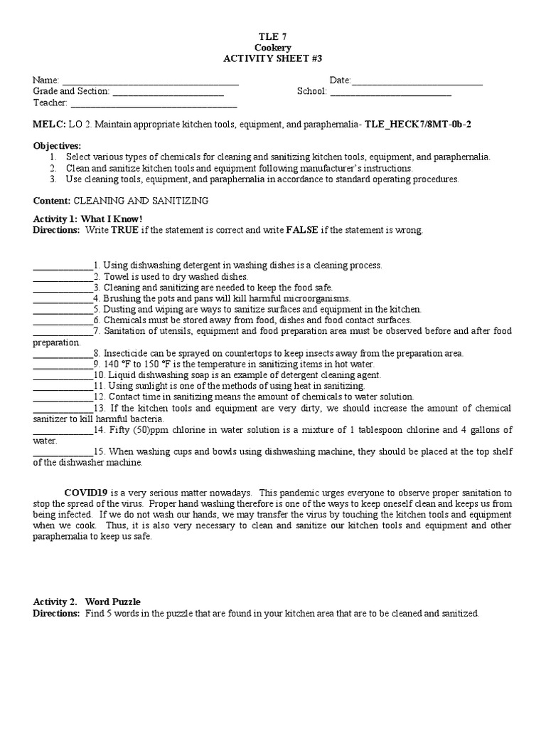 Activity Worksheet No.3 Tle 7 | PDF | Dishwasher | Disinfectant