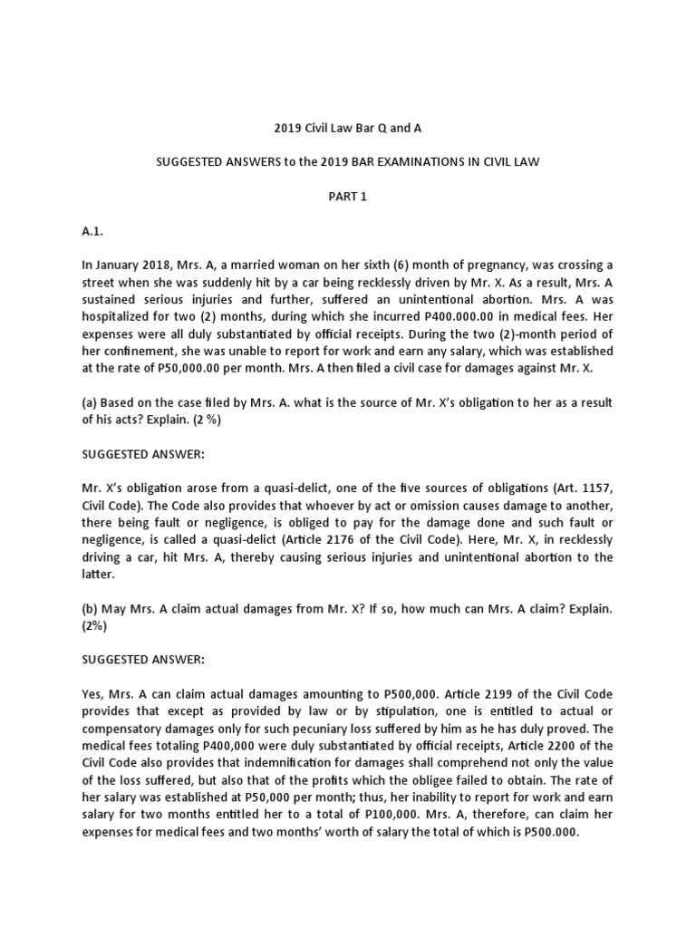 2019 Civil Law Bar Q and A | PDF | Guarantee | Lease