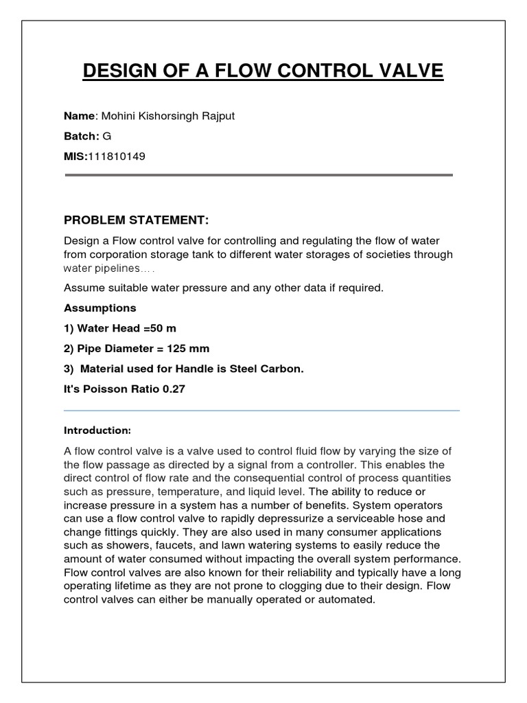 Design of a Flow Control Valve for Regulating Water Flow from a Storage ...