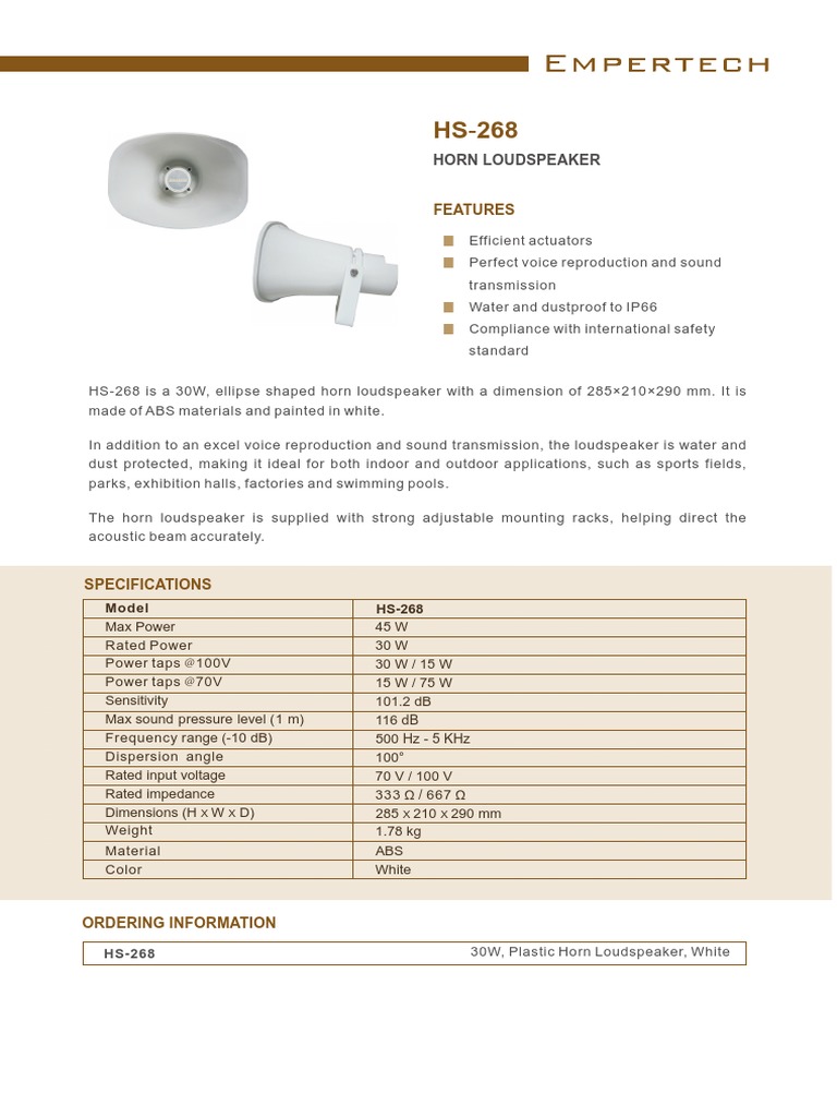 HS-268 Horn Loudspeaker: Technical Specifications and Features of a 30W Outdoor-Rated Plastic ...