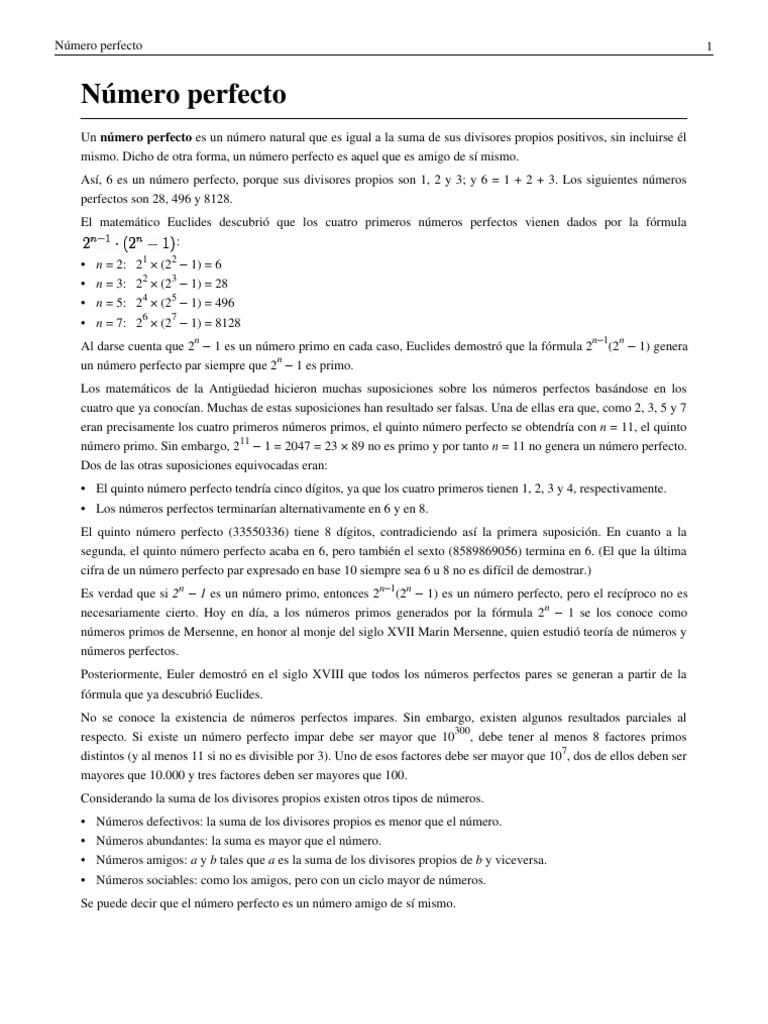 Numero Perfecto | PDF | Notación Matemática | Números