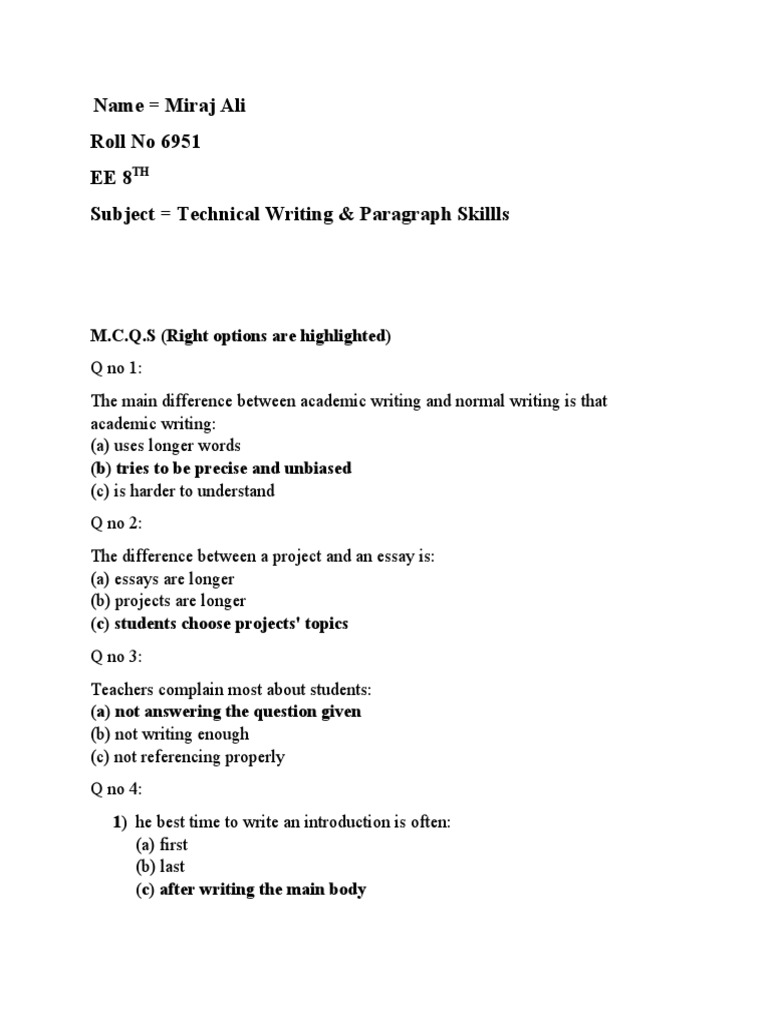 Assessing Knowledge of Technical Writing Skills: A Student's Answers to ...