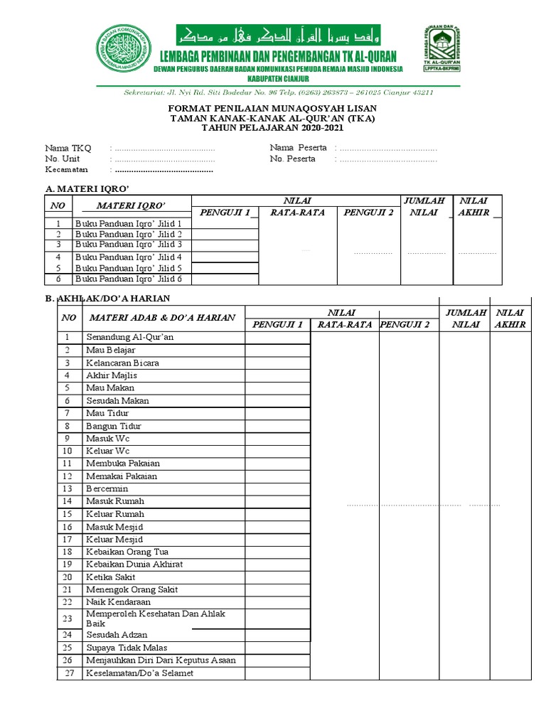 Format Penilaian Munaqosah TKA | PDF