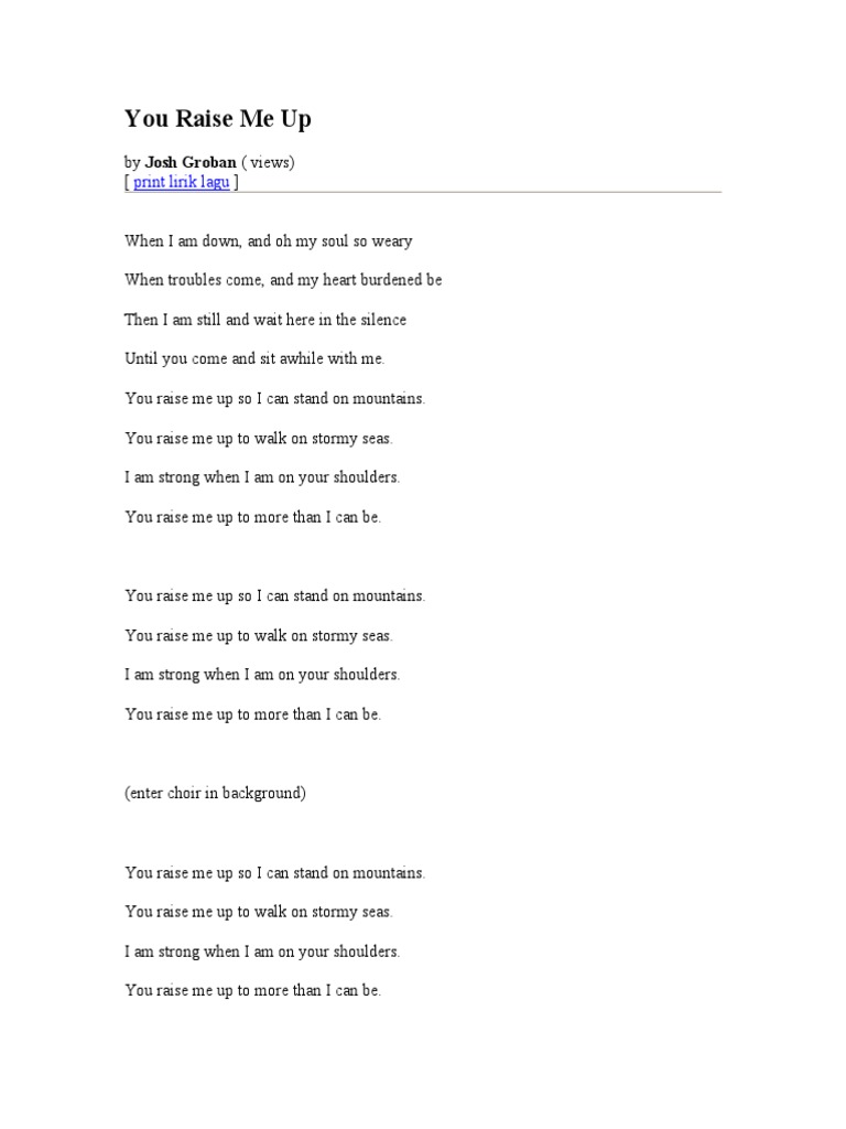 You Raise Me Up: Print Lirik Lagu | PDF