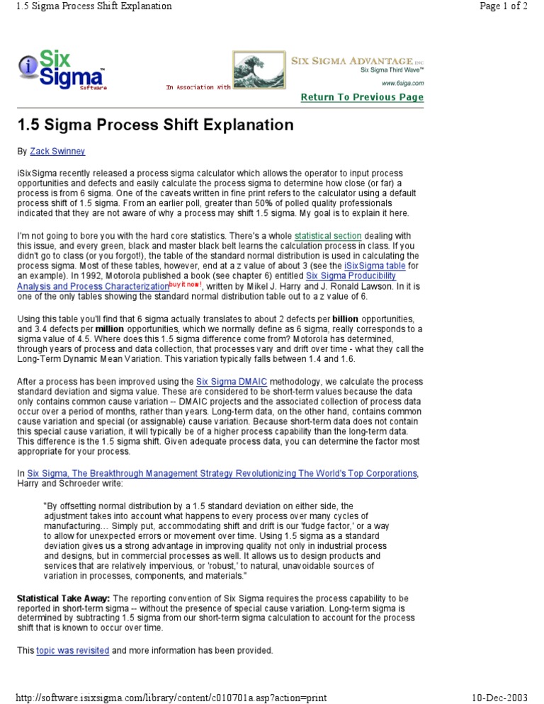 1.5 Sigma Shift in Six Sigma Explained | PDF | Standard Deviation | Six ...