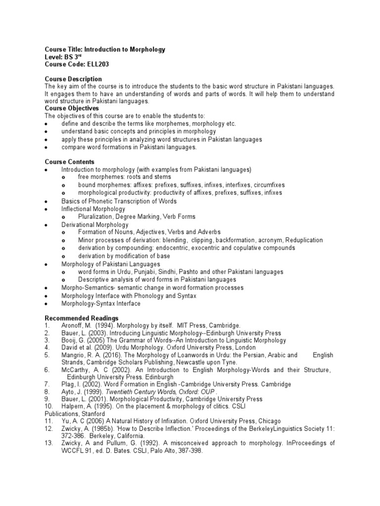Course Outline | PDF | Morphology (Linguistics) | Word