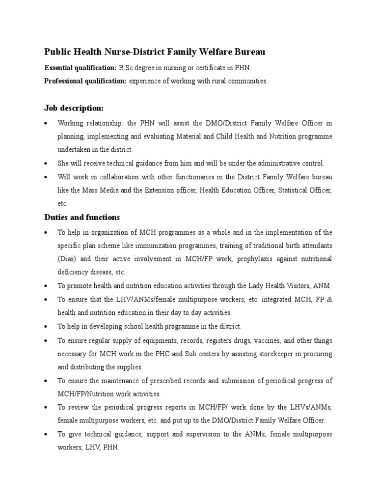 Public Health Nurse-District Family Welfare Bureau: Job Description ...
