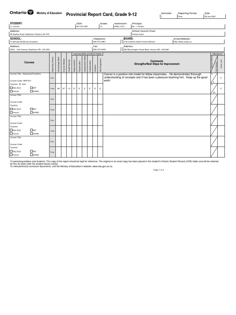 Provincial Report Card, Grade 9-12: Ministry of Education | Download ...