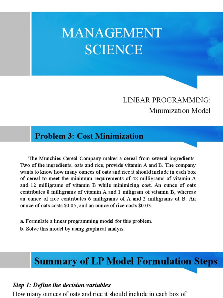 Management Science Linear Programming Minimization Model Download Free Pdf Linear