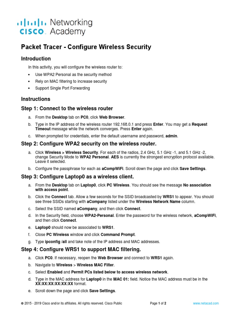 13 4 1 10 Packet Tracer Configure Wireless Security Pdf World Wide Web Internet And Web