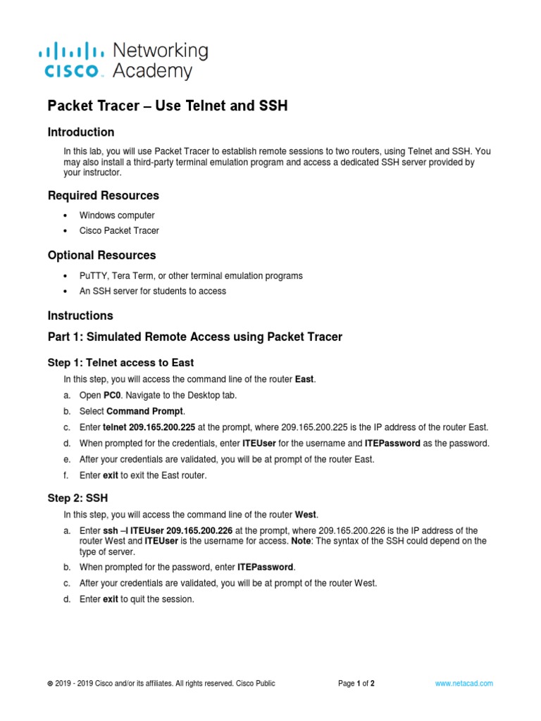 11.5.5.3 Packet Tracer - Use Telnet and SSH | PDF | Router (Computing) | Command Line Interface