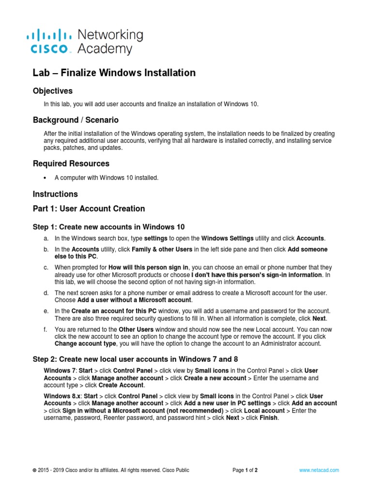 10.3.1.4 Lab - Finalize The Windows Installation | PDF | Microsoft ...