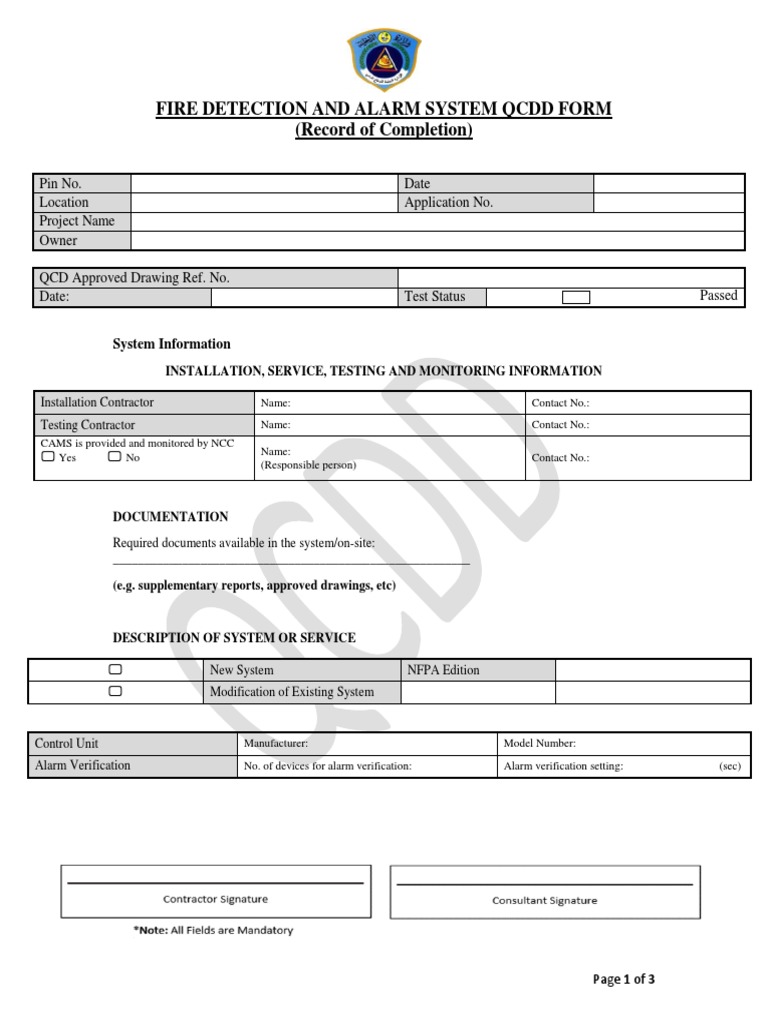 Fire Detection and Alarm System QCDD Form (Record of Completion) | PDF ...