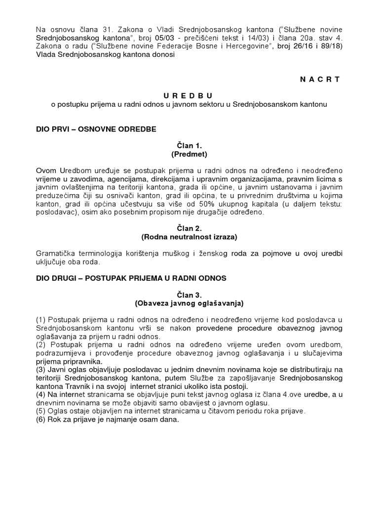 Nacrt-Uredba o Postupku Prijema U Radni Odnos U Javnom Sektoru U Srednjobosanskom Kantonu | PDF