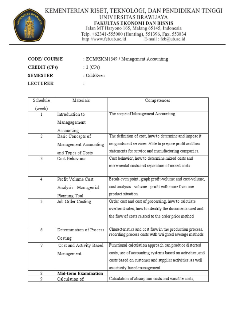 Course Outline Managerial Accounting | PDF | Management Accounting ...