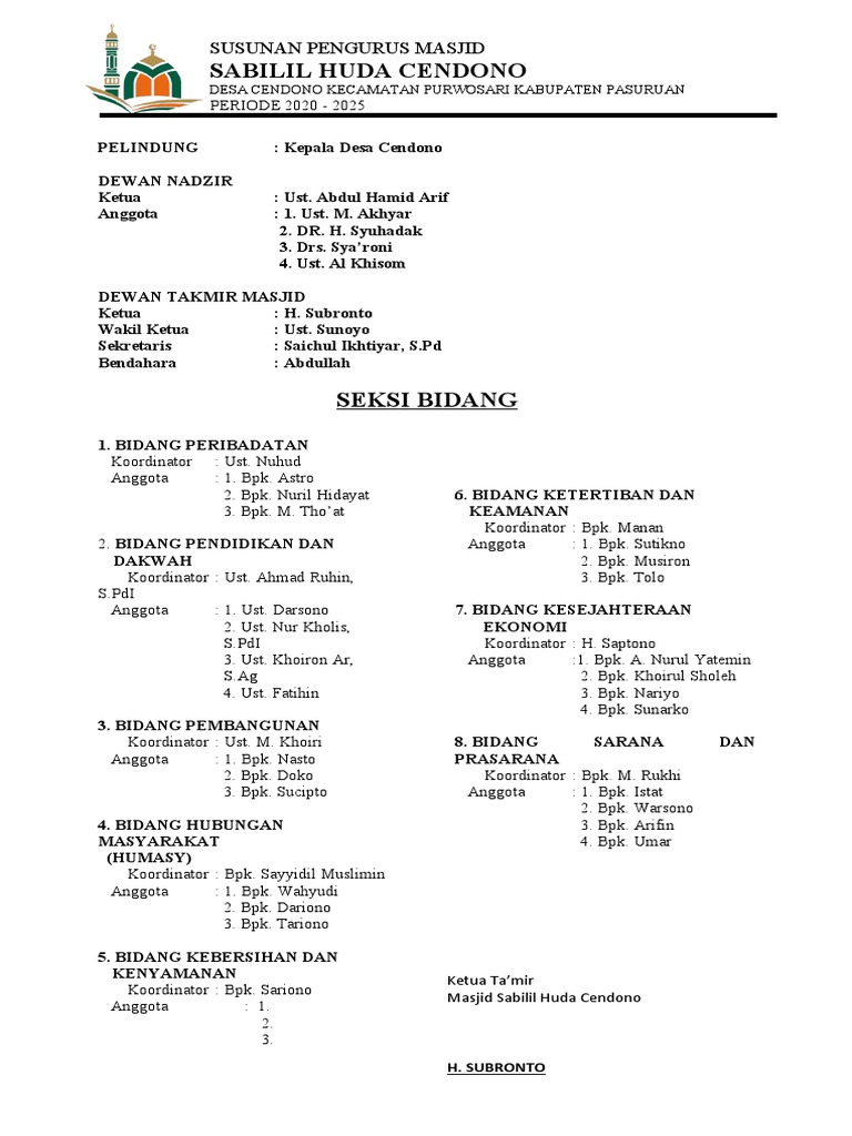 Susunan Pengurus Masjid | PDF