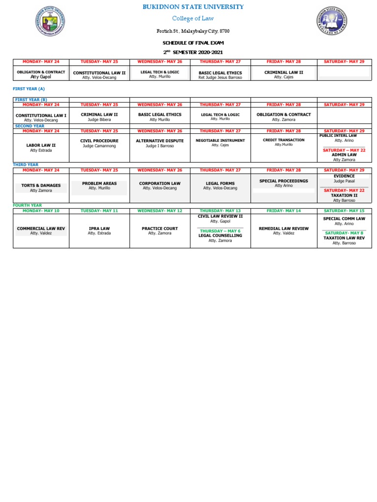 Bukidnon State University Law Exam Schedule | PDF | Civil Law (Legal ...