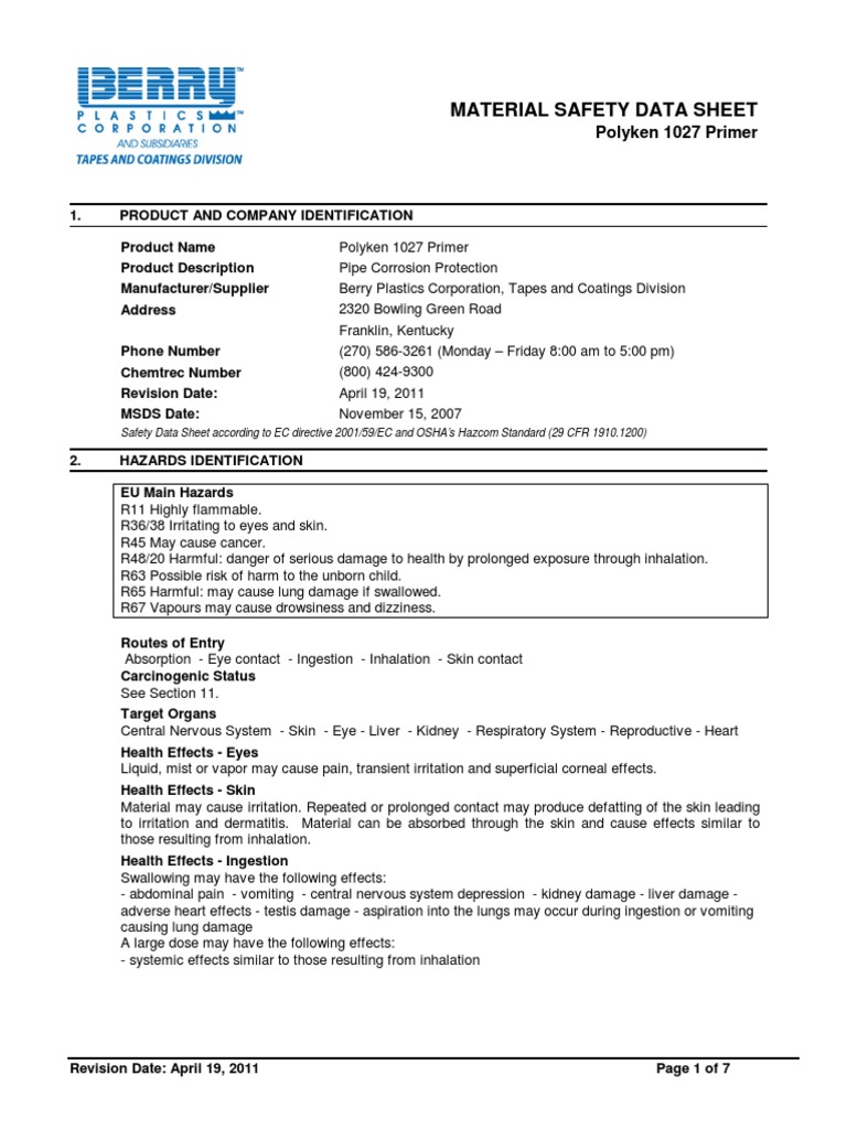 Polyken 1027 Primer MSDS Summary | PDF | Toxicity | Combustion