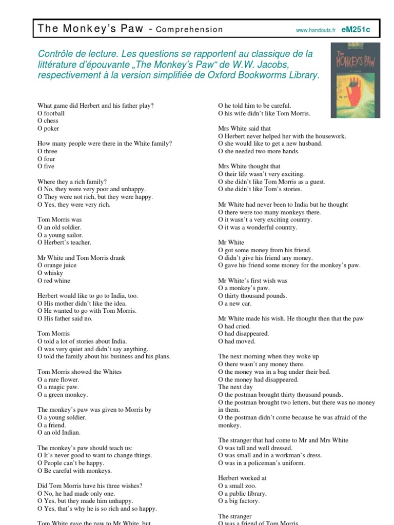 Monkey's Paw Comprehension Questions | PDF | Young Adult | General Fiction