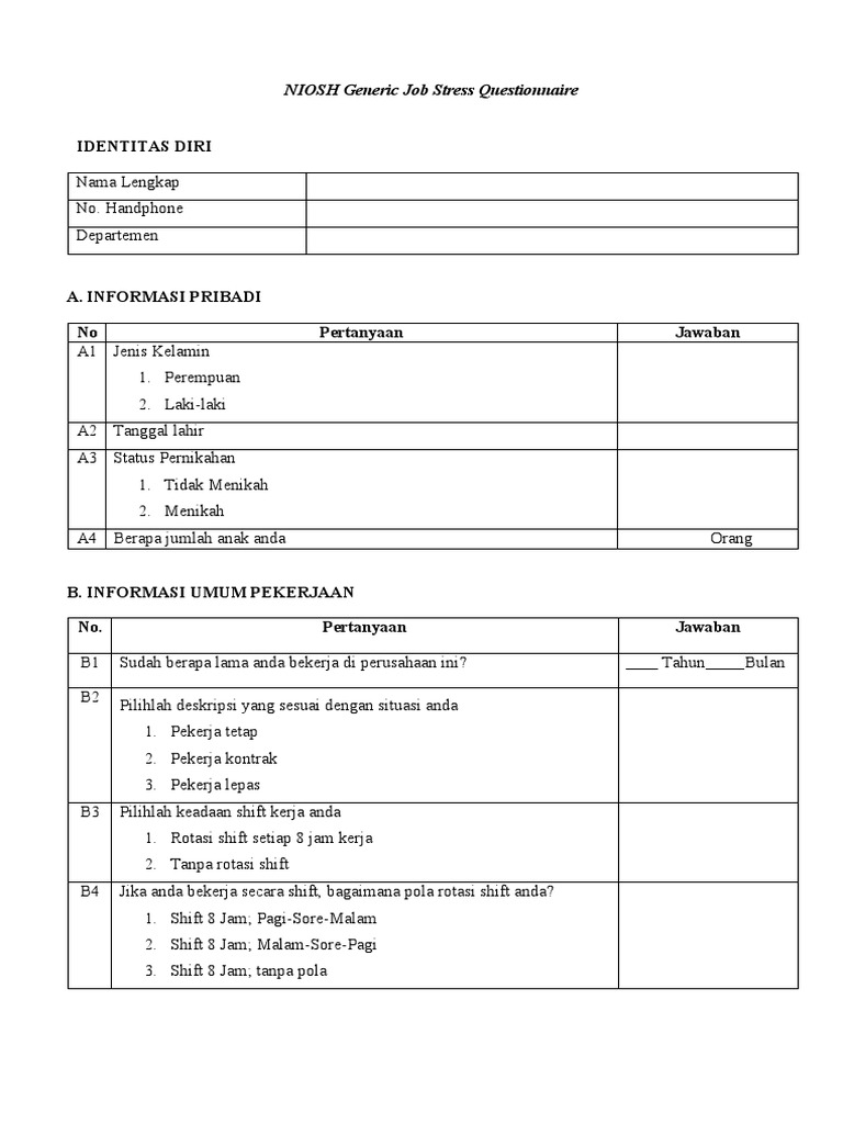 NIOSH Generic Job Stress Questionnaire | PDF