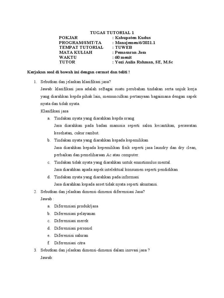 Soal TT1 Pemasaran Jasa 2021 | PDF | Karier & Perkembangan