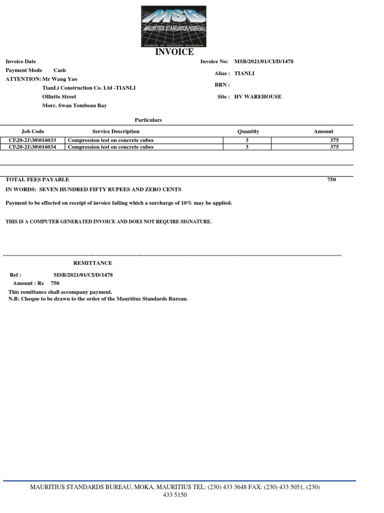 Invoice: MAURITIUS STANDARDS BUREAU, MOKA, MAURITIUS TEL: (230) 433 ...