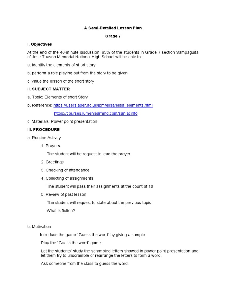 Grade 7 Short Story Elements Lesson Plan | PDF | Plot (Narrative ...