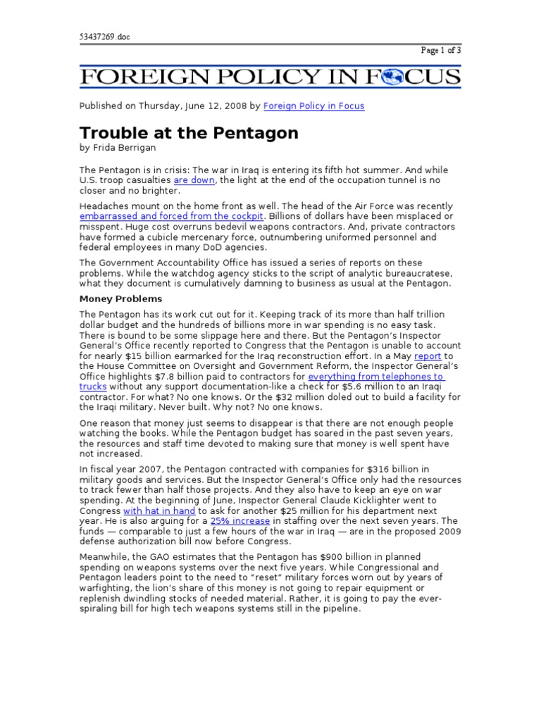 06-12-08 FPIF-Trouble at The Pentagon by Frida Berrigan | PDF | United ...