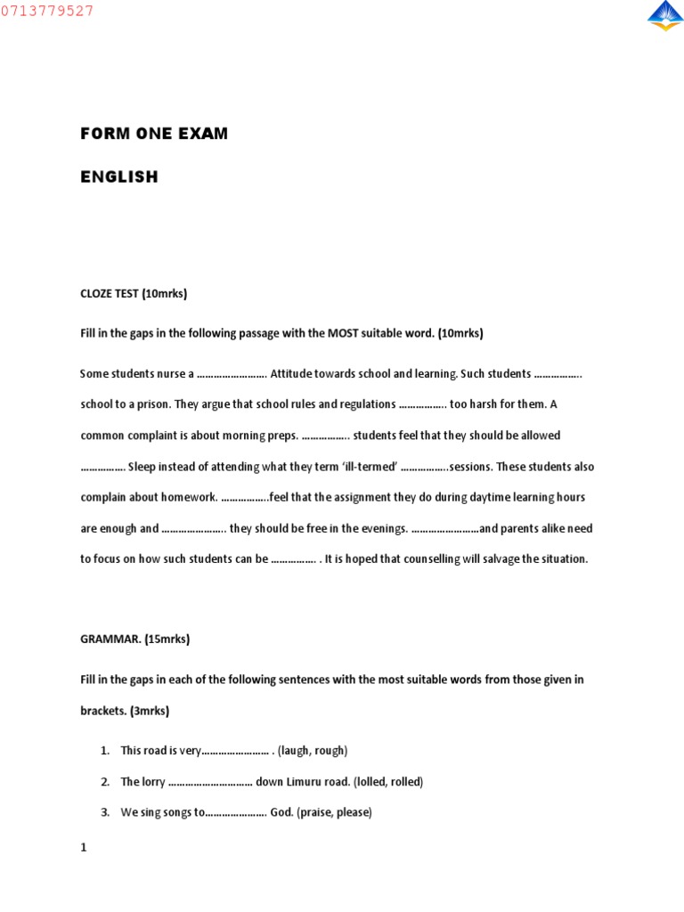 Form One Exam English: CLOZE TEST (10mrks) | PDF | Syntax | Grammar