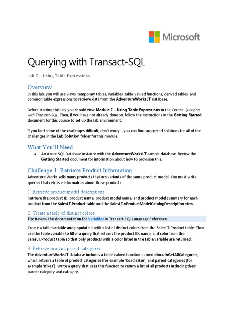 Querying With Transact-SQL: Lab 7 - Using Table Expressions | PDF ...