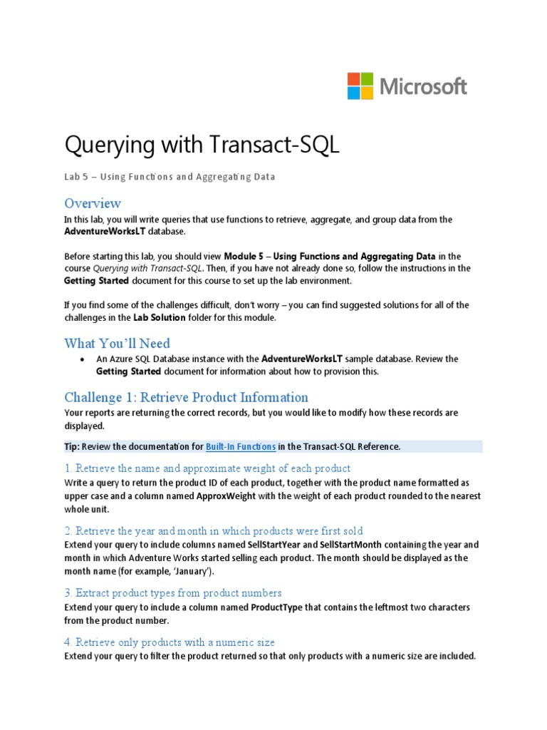 Querying With Transact-SQL: Lab 5 - Using Functi Ons and Aggregati NG ... Querying With Transact-SQL: Lab 5 - Using Functi Ons and Aggregati NG ...