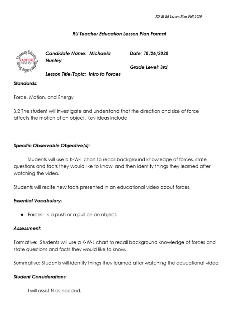 Wsu Lesson Plan 1 - Intro To Forces | PDF | Lesson Plan | Educational ...