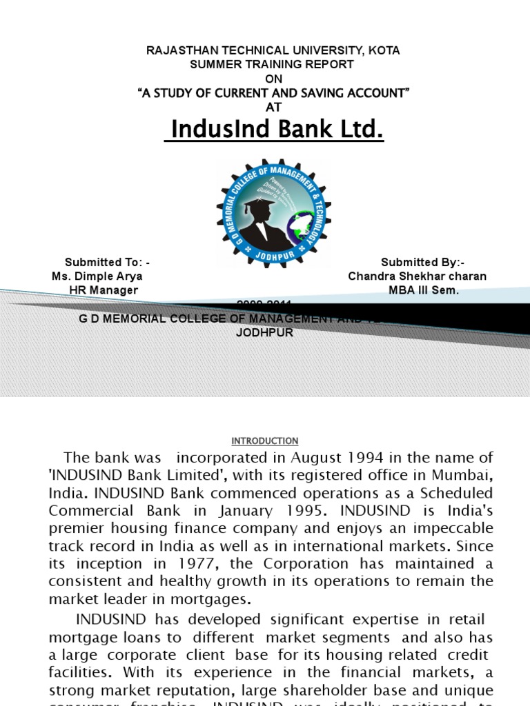 Indusind Bank LTD.: "A Study of Current and Saving Account" at | PDF ...