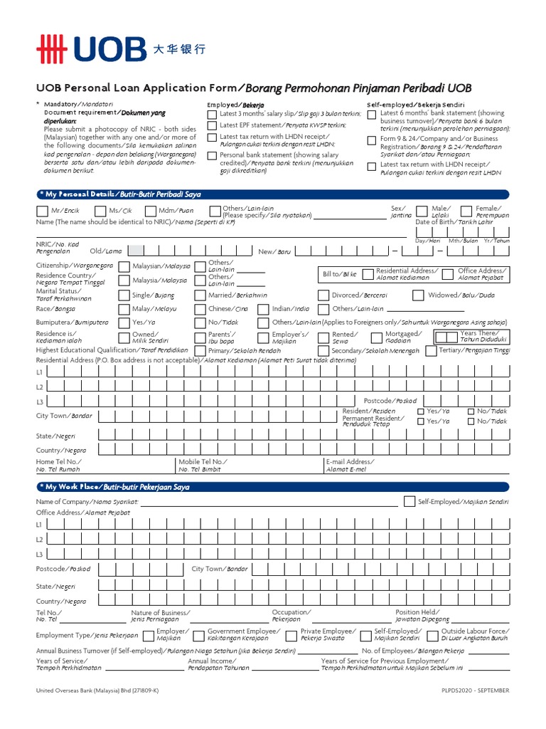 UOB Personal Loan - Application Form | PDF | Loans | Taxes