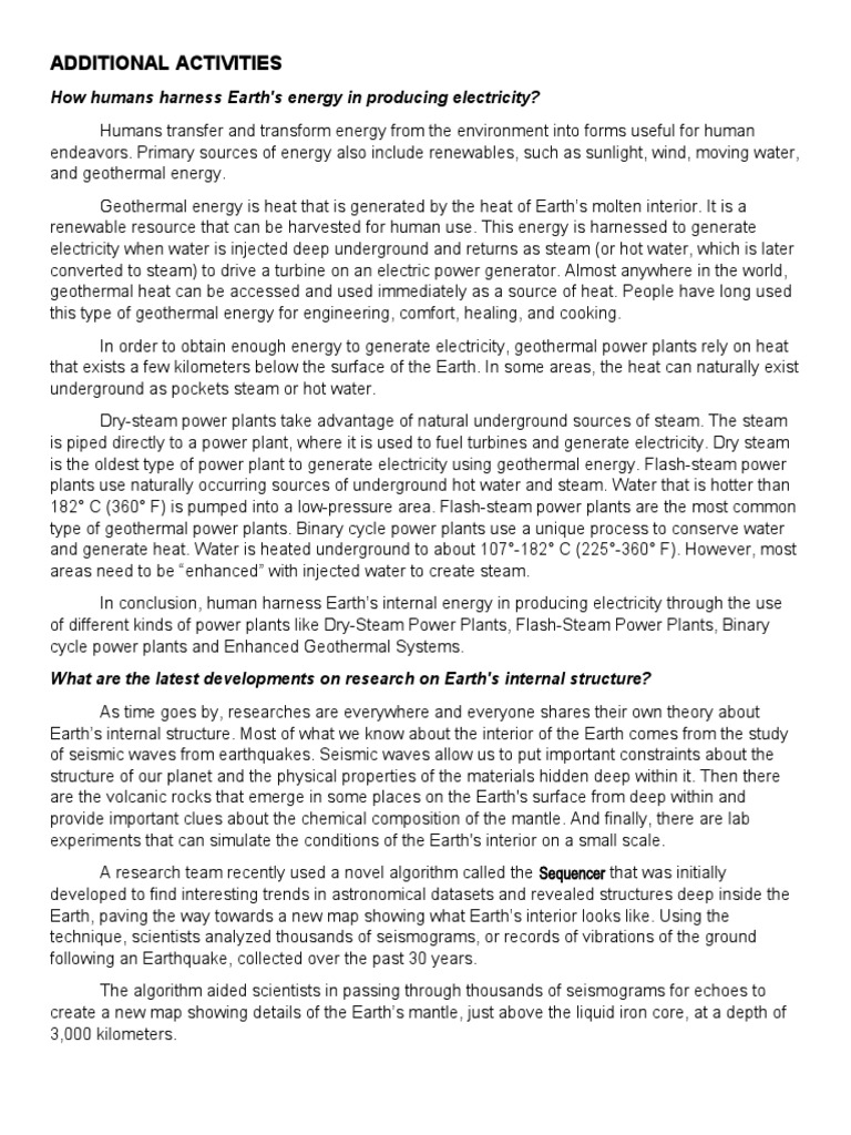 Additional Activities: How Humans Harness Earth's Energy in Producing ...