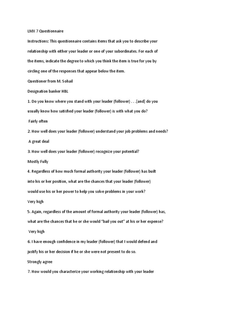 LMX 7 Questionnaire Overview | PDF | Human Nature | Psychology