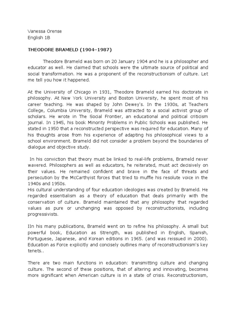 THEODORE BRAMELD (By: Vanessa Orense) | PDF | Human Nature ...