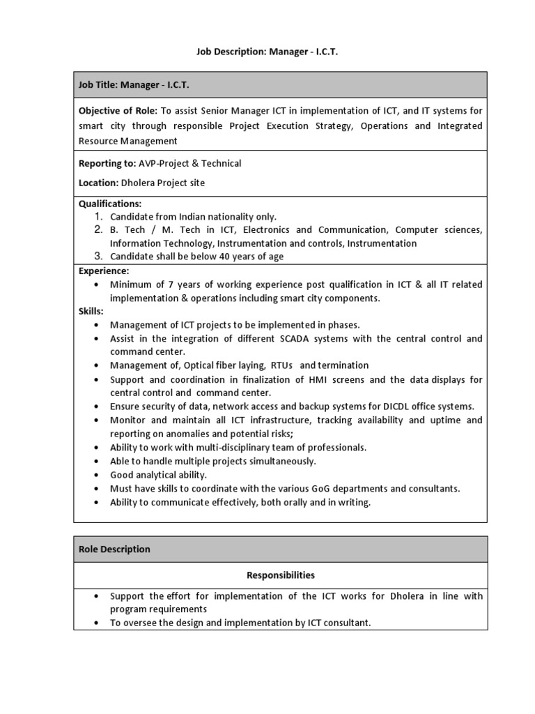 SMART - ICT - Job Description Manager ICT | PDF | Information ...