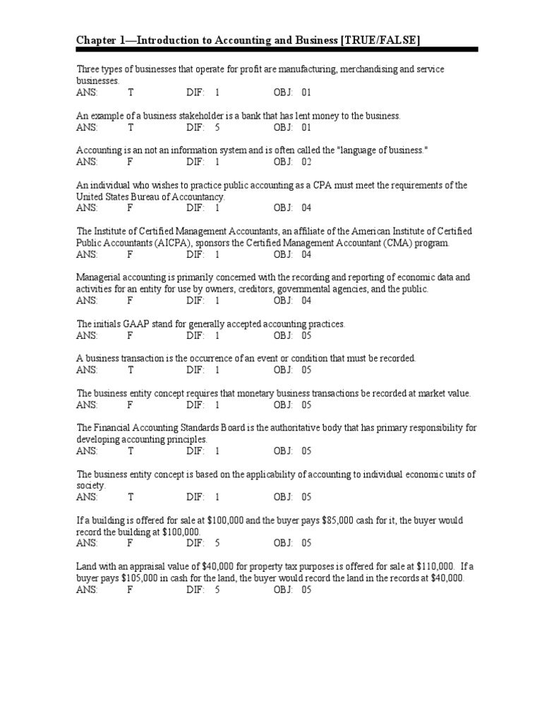 Examination Question and Answers, Set A (True or False), Chapter 1 ...