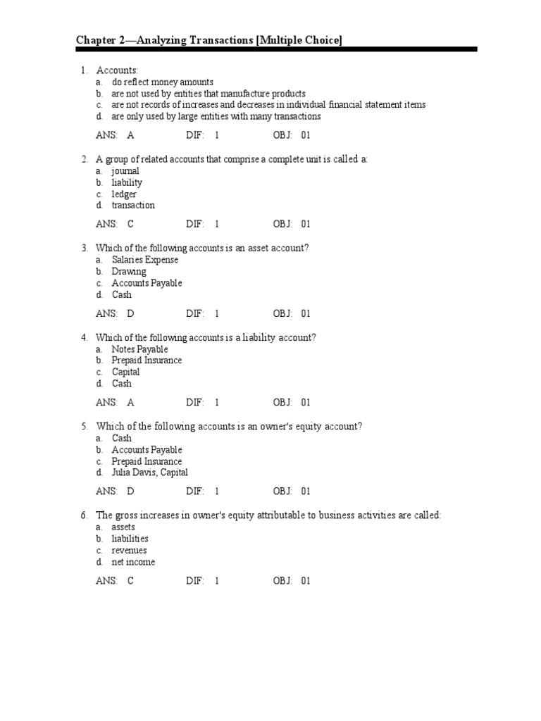 Examination Question and Answers, Set A (Multiple Choice), Chapter 2 ...