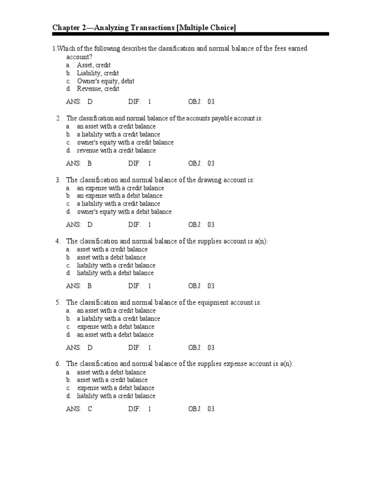 Examination Question and Answers, Set B (Multiple Choice), Chapter 2 - Analyzing Transactions ...